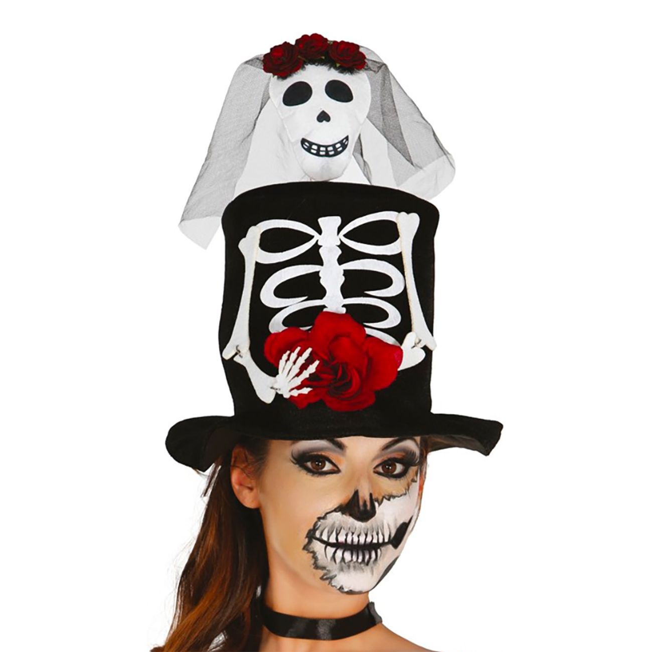 Sort Høj Hat med Skeletmotiv | Partyking