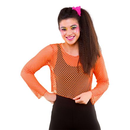 80-tals Fisknätströja Kort Neonorange | Partykungen